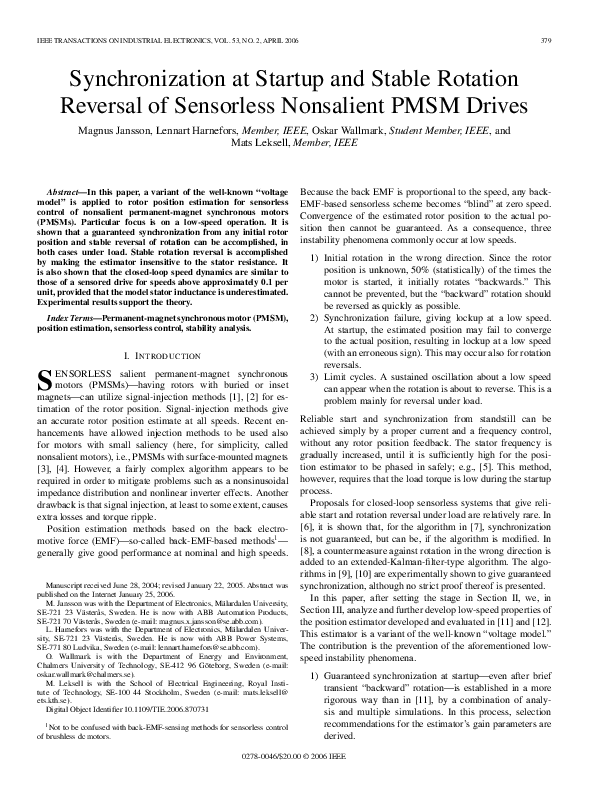 (PDF) Synchronization at startup and stable rotation reversal of sensorless nonsalient PMSM drives