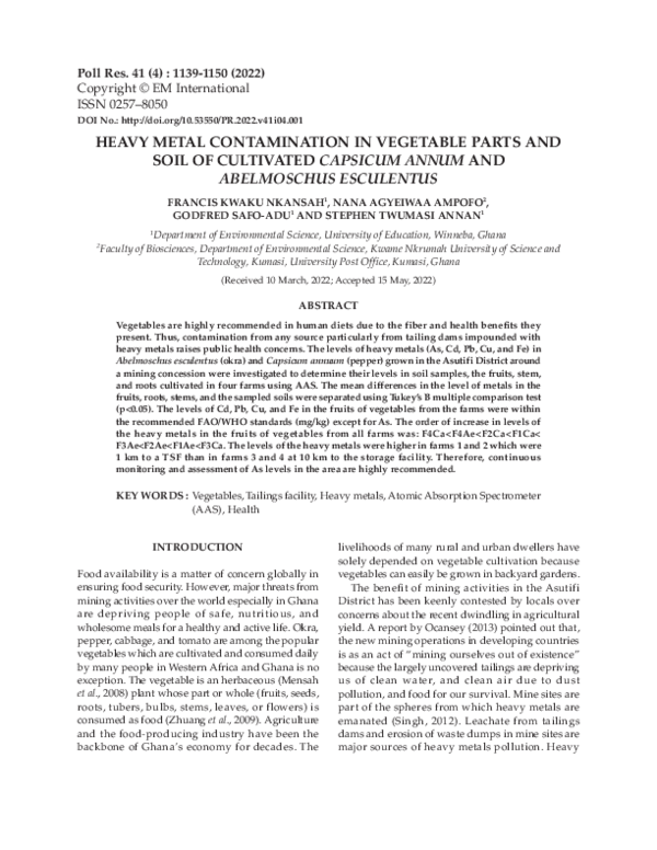 (PDF) Heavy Metal Contamination in Vegetable Parts and Soil of Cultivated Capsicum Annum and ...