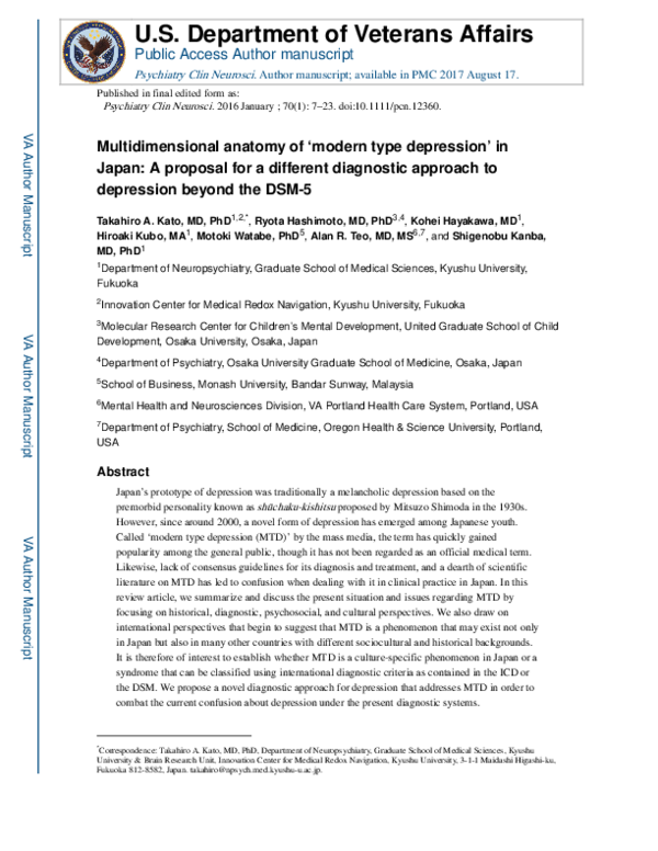 (PDF) The multidimensional anatomy of "modern type depression" in Japan: A proposal for a ...