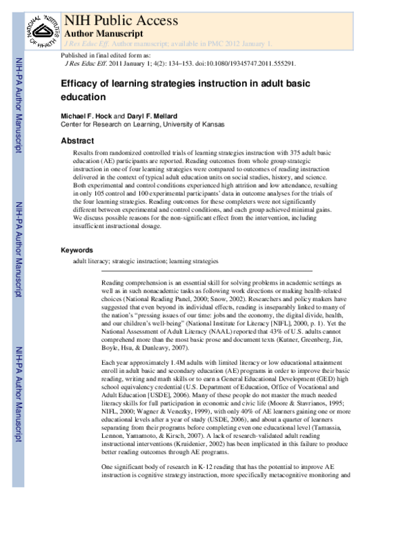 (PDF) Efficacy of learning strategies instruction in adult basic education