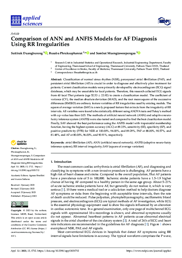 (PDF) Comparison of ANN and ANFIS Models for AF Diagnosis Using RR Irregularities