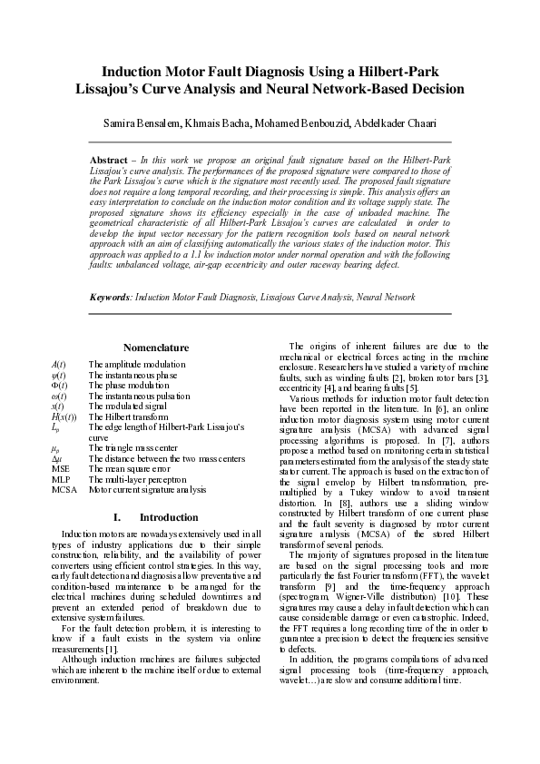Pdf Induction Motor Fault Diagnosis Using A Hilbert Park Lissajous