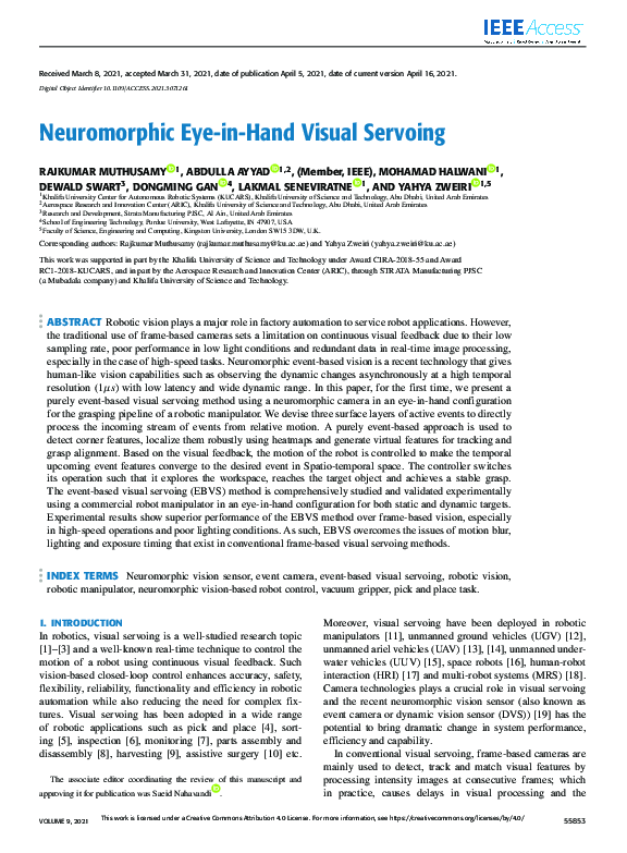 (PDF) Neuromorphic Eye-in-Hand Visual Servoing | Rajkumar Muthusamy ...