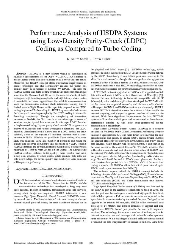 Pdf Performance Analysis Of Hsdpa Systems Using Low Density Parity Check Ldpccoding As