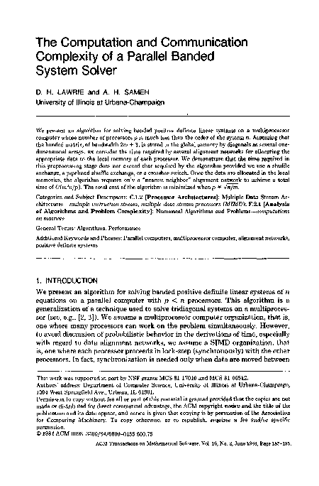 Pdf The Computation And Communication Complexity Of A Parallel Banded System Solver