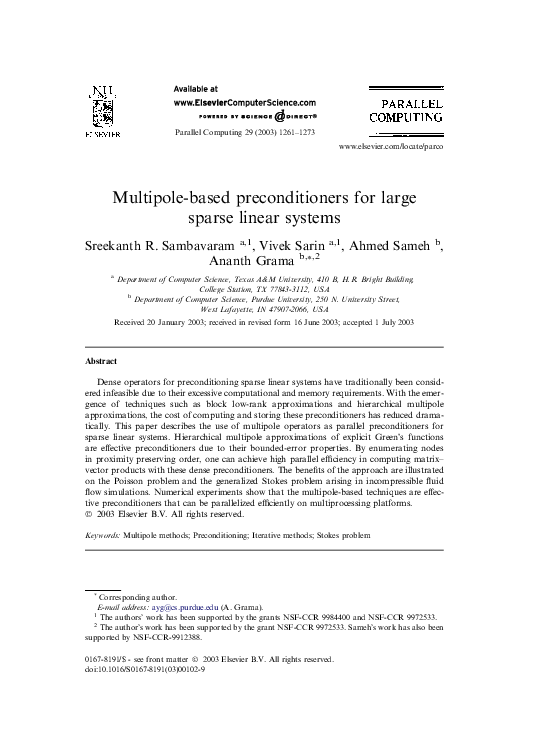 (PDF) Multipole-based preconditioners for large sparse linear systems