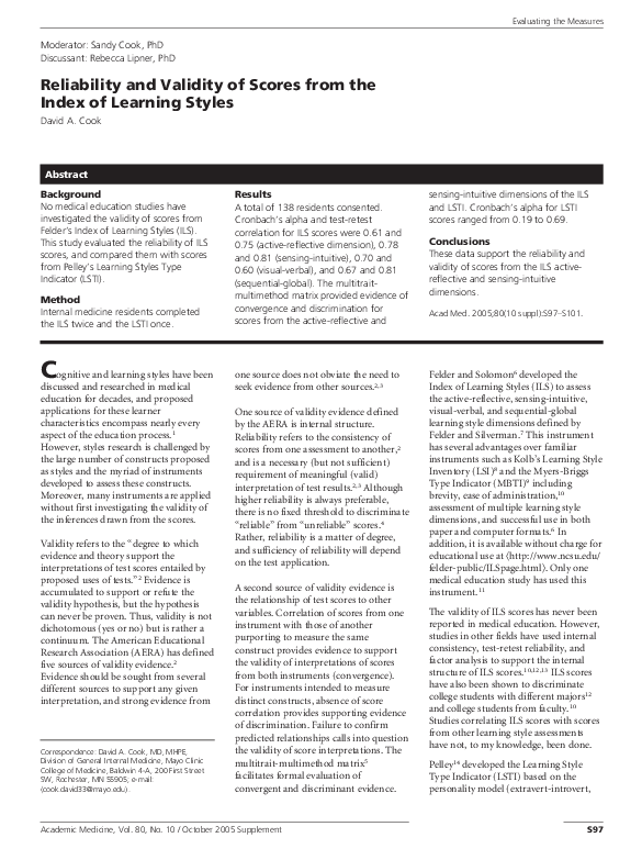 (PDF) Reliability and Validity of Scores from the Index of Learning Styles