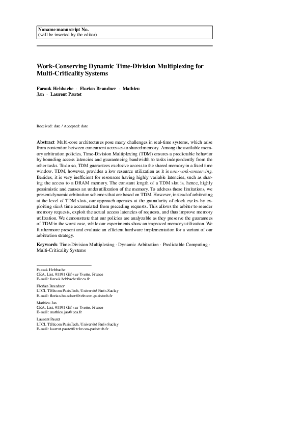 Pdf Work Conserving Dynamic Time Division Multiplexing For Multi Criticality Systems Mathieu 