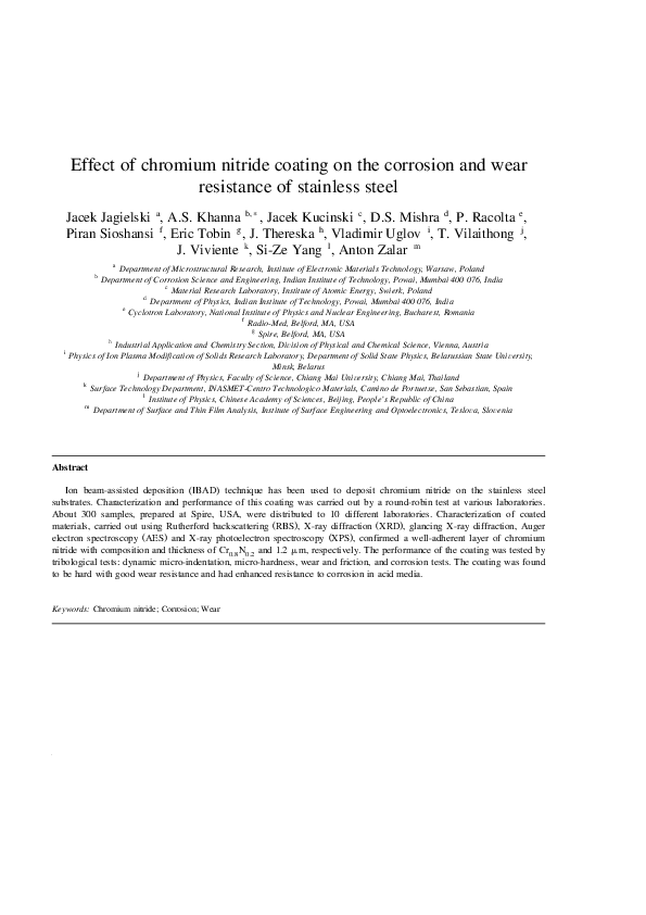 (PDF) Effect of chromium nitride coating on the corrosion and wear resistance of stainless steel ...