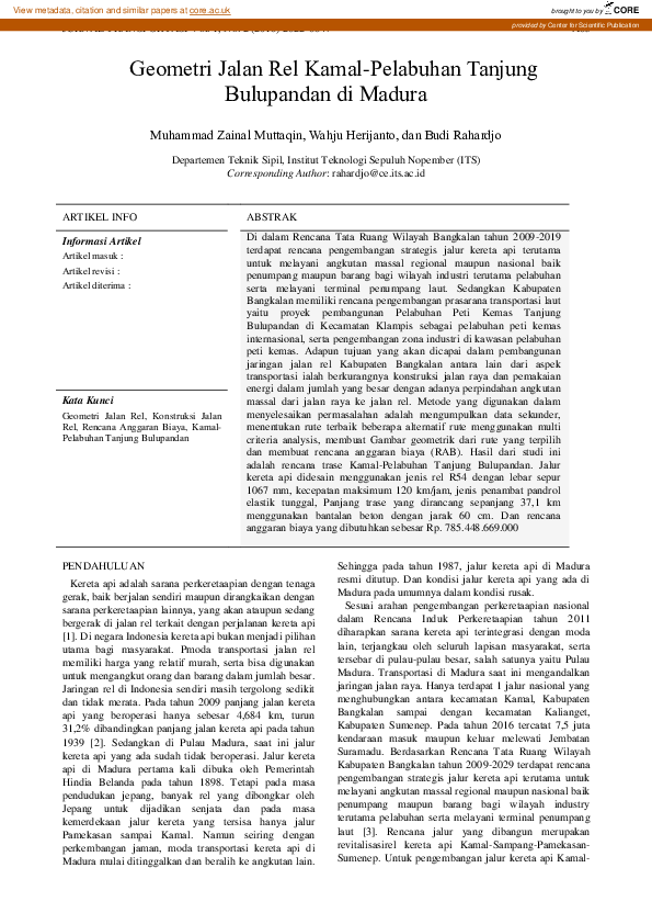 (PDF) Geometri Jalan Rel Kamal-Pelabuhan Tanjung Bulupandan di Madura