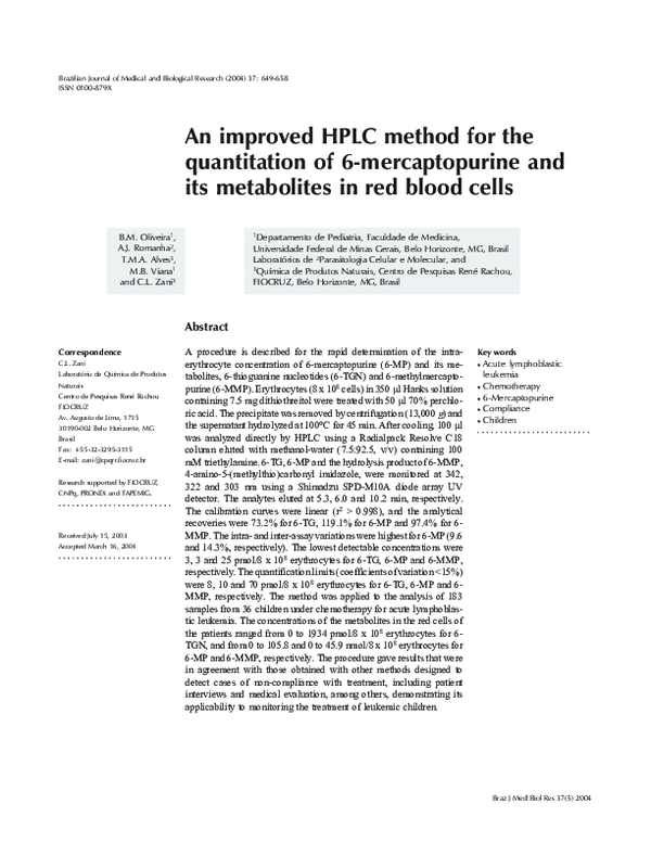 (PDF) An improved HPLC method for the quantitation of 6-mercaptopurine ...