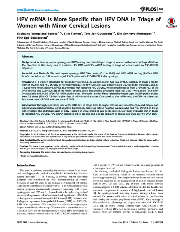 (PDF) HPV mRNA Is More Specific than HPV DNA in Triage of Women with ...