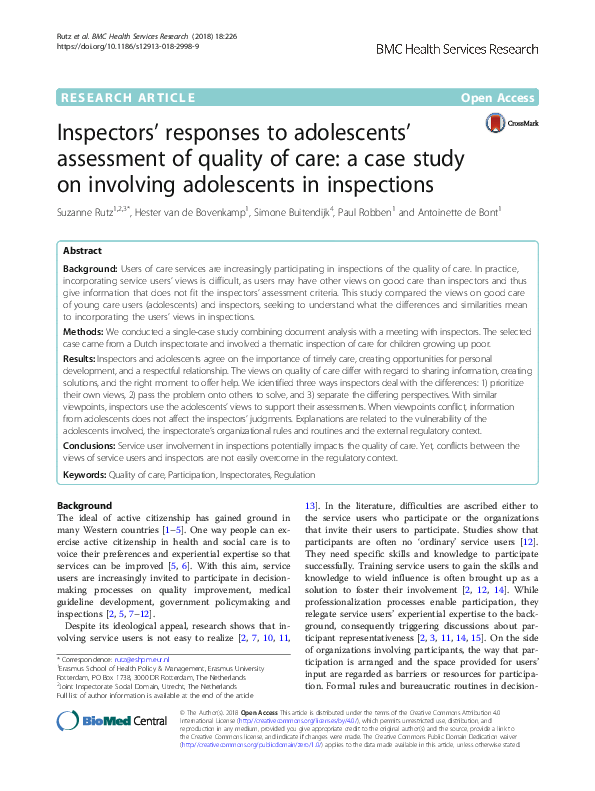 (PDF) Inspectors' responses to adolescents' assessment of quality of care: a case study on ...