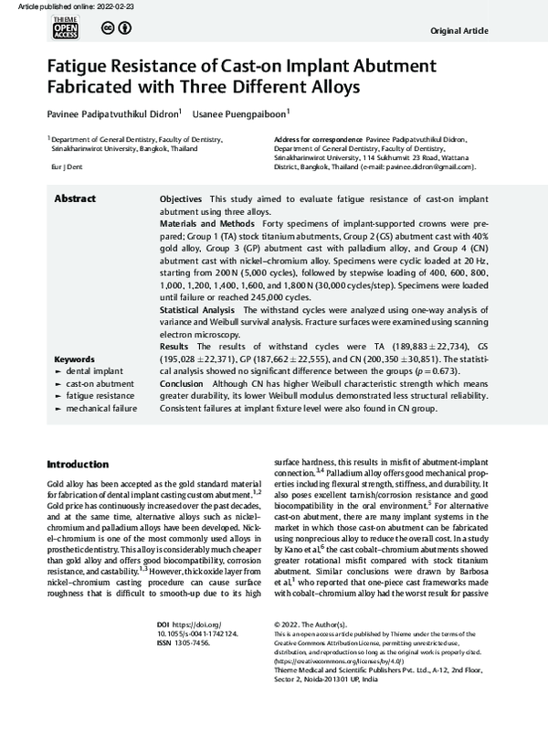 (PDF) Fatigue Resistance of Cast-on Implant Abutment Fabricated with ...