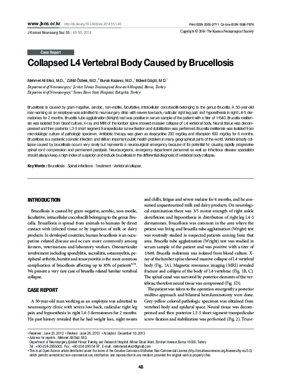 (PDF) Collapsed L4 Vertebral Body Caused by Brucellosis