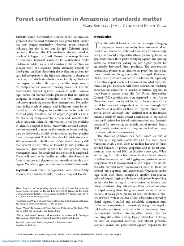 (PDF) Forest certification in Amazonia: standards matter