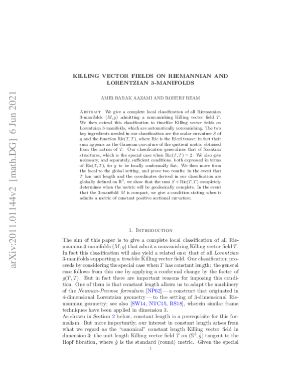 (PDF) Killing vector fields on Riemannian and Lorentzian 3-manifolds