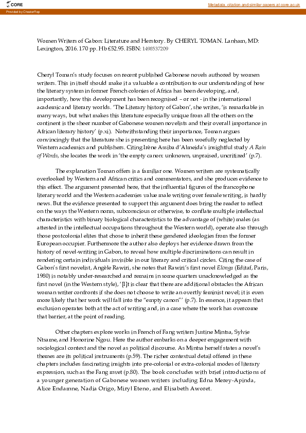 (PDF) Women Writers of Gabon: Literature and Herstory. By Cheryl Toman