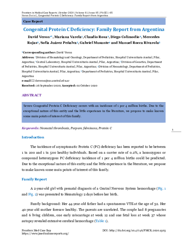 (PDF) Congenital Protein C Deficiency: Family Report from Argentina