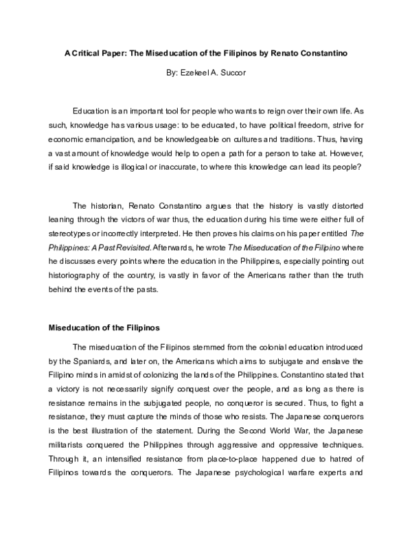 (PDF) A Critical Paper: The Miseducation of the Filipinos