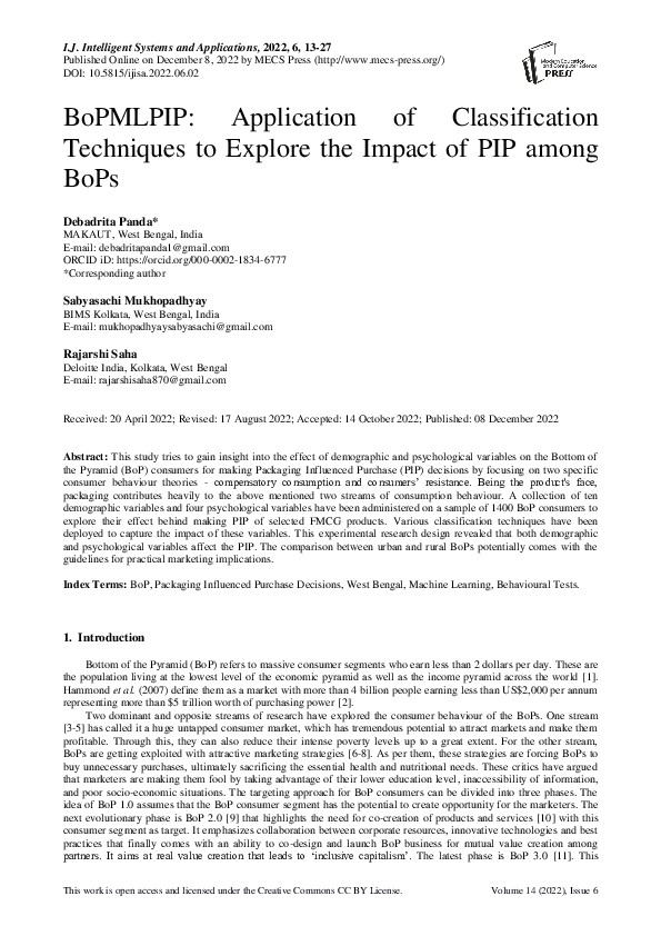 (PDF) BoPMLPIP: Application of Classification Techniques to Explore the ...