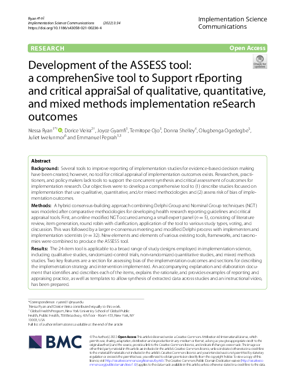 (PDF) Development of the ASSESS tool: a comprehenSive tool to Support rEporting and critical ...