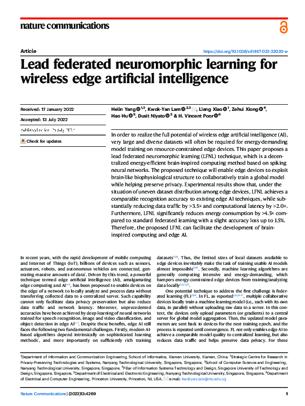 Pdf Lead Federated Neuromorphic Learning For Wireless Edge Artificial Intelligence Helin