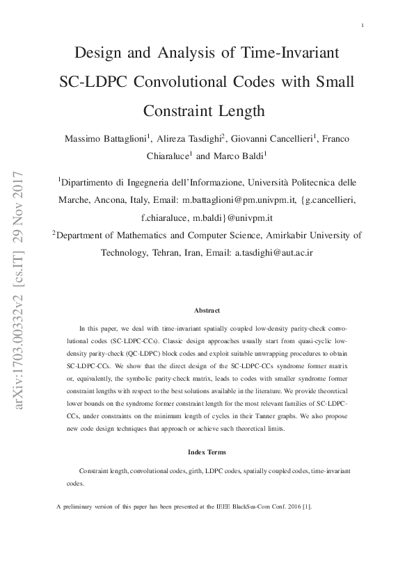 (PDF) Design and Analysis of Time-Invariant SC-LDPC Convolutional Codes ...