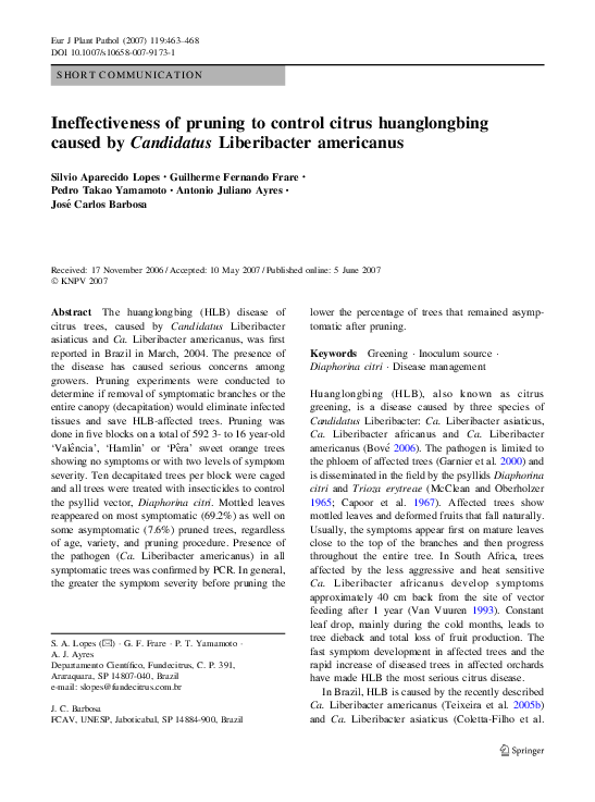 (PDF) Ineffectiveness of pruning to control citrus huanglongbing caused ...