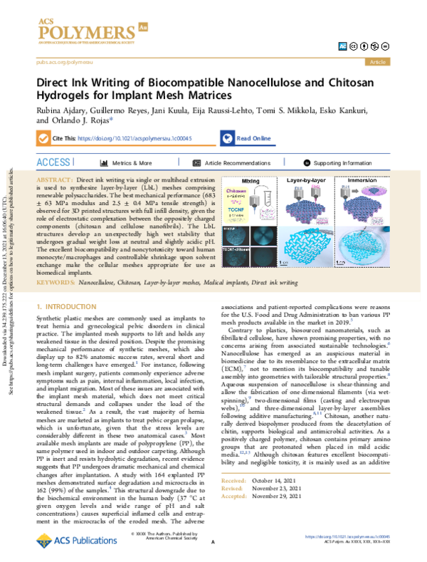(PDF) Direct Ink Writing of Biocompatible Nanocellulose and Chitosan ...