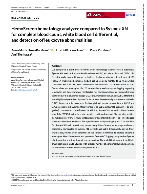(PDF) HemoScreen hematology analyzer compared to Sysmex XN for complete ...