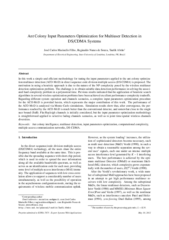 (PDF) Ant colony input parameters optimization for multiuser detection in DS/CDMA systems