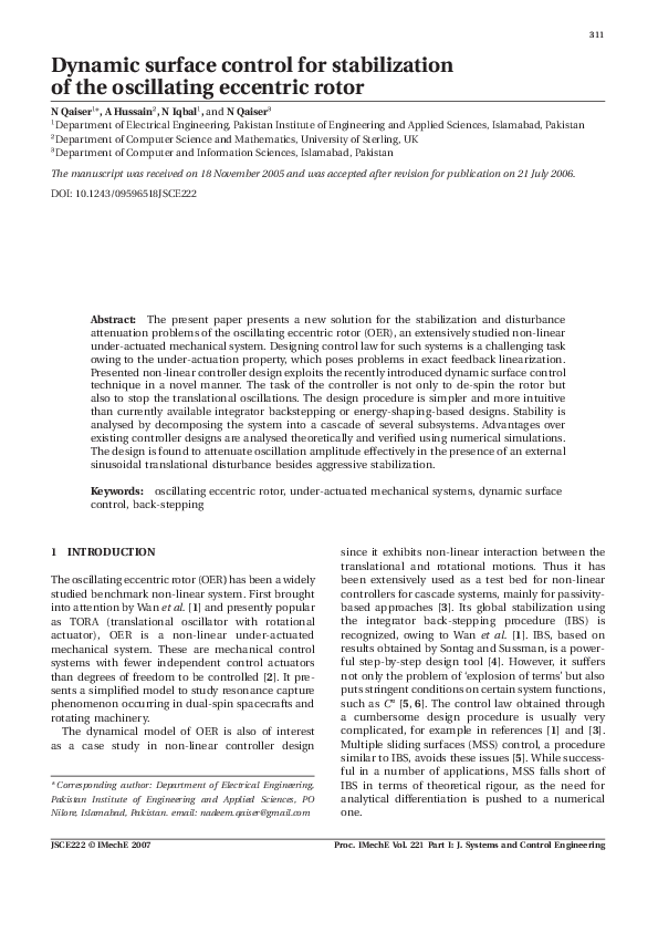 (PDF) Dynamic surface control for stabilization of the oscillating eccentric rotor