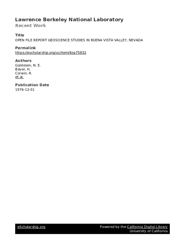 (PDF) Open file report: geoscience studies in Buena Vista Valley, Nevada