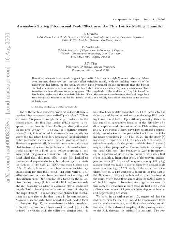 (PDF) Anomalous sliding friction and peak effect near the flux lattice ...