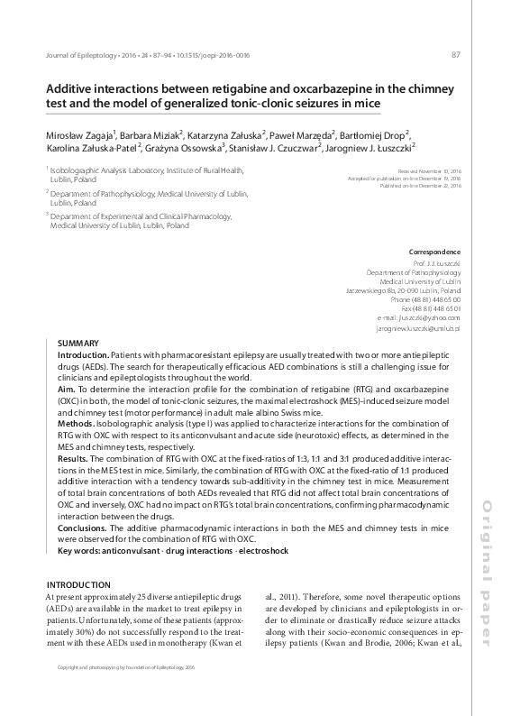 (PDF) Additive interactions between retigabine and oxcarbazepine in the ...