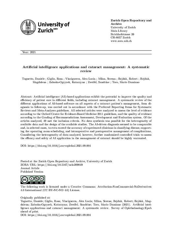 (PDF) Artificial intelligence applications and cataract management: A systematic review