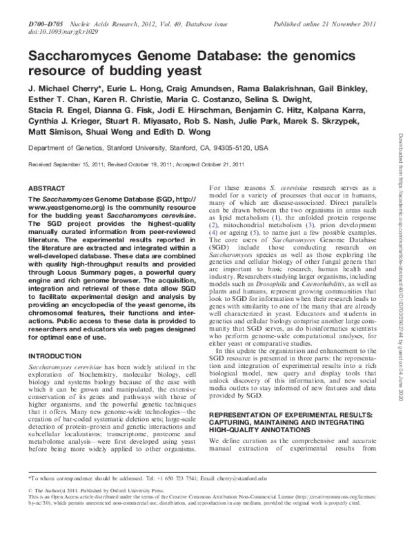 (PDF) Saccharomyces Genome Database: the genomics resource of budding yeast