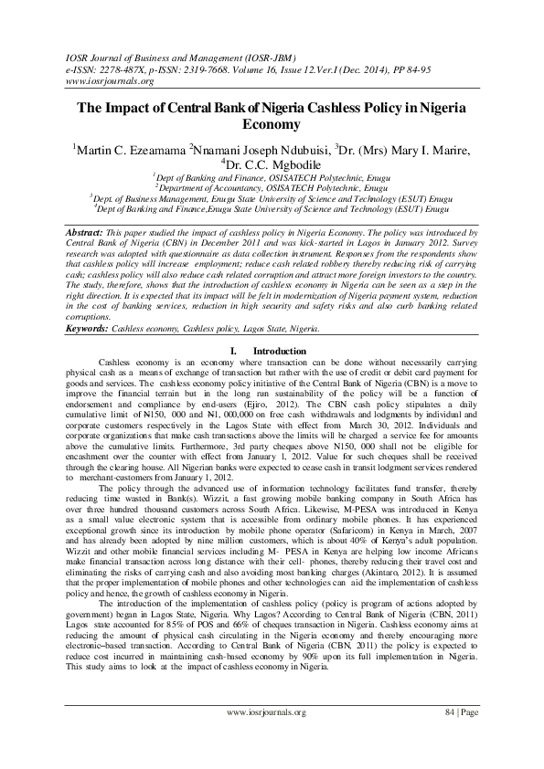 (PDF) The Impact of Central Bank of Nigeria Cashless Policy in Nigeria Economy