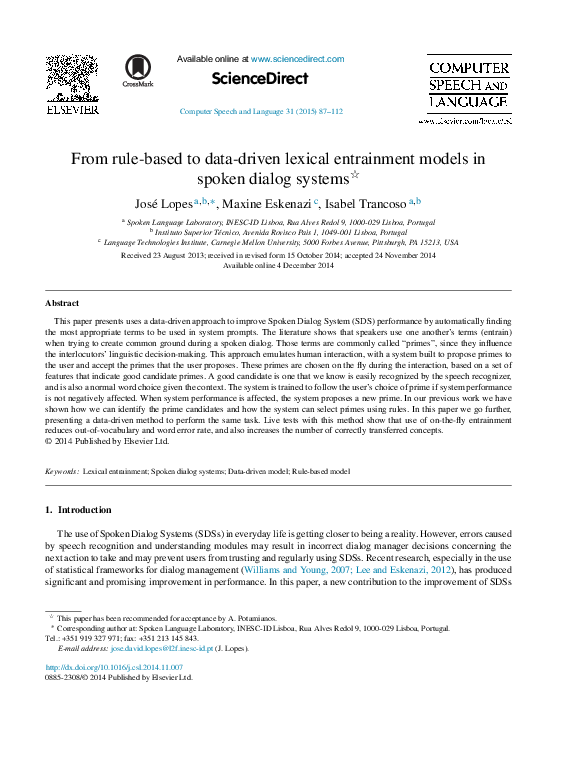 Pdf From Rule Based To Data Driven Lexical Entrainment Models In