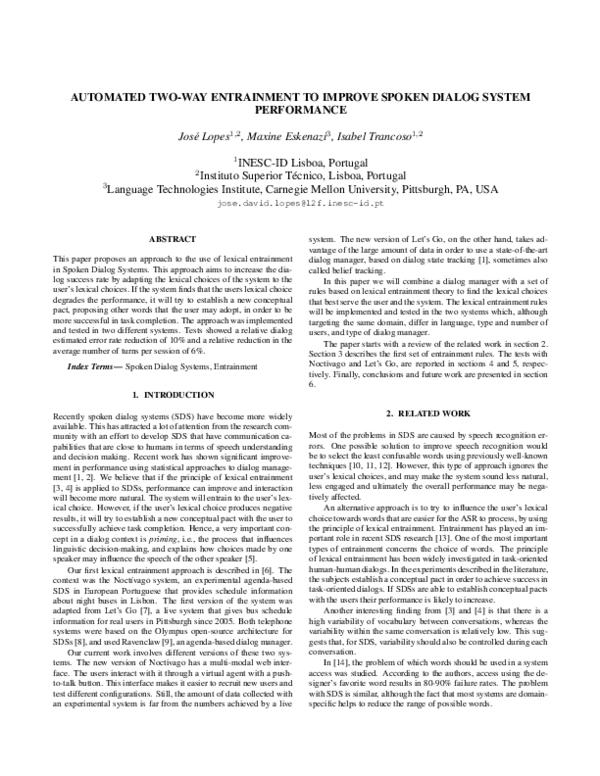 (PDF) Automated two-way entrainment to improve spoken dialog system performance