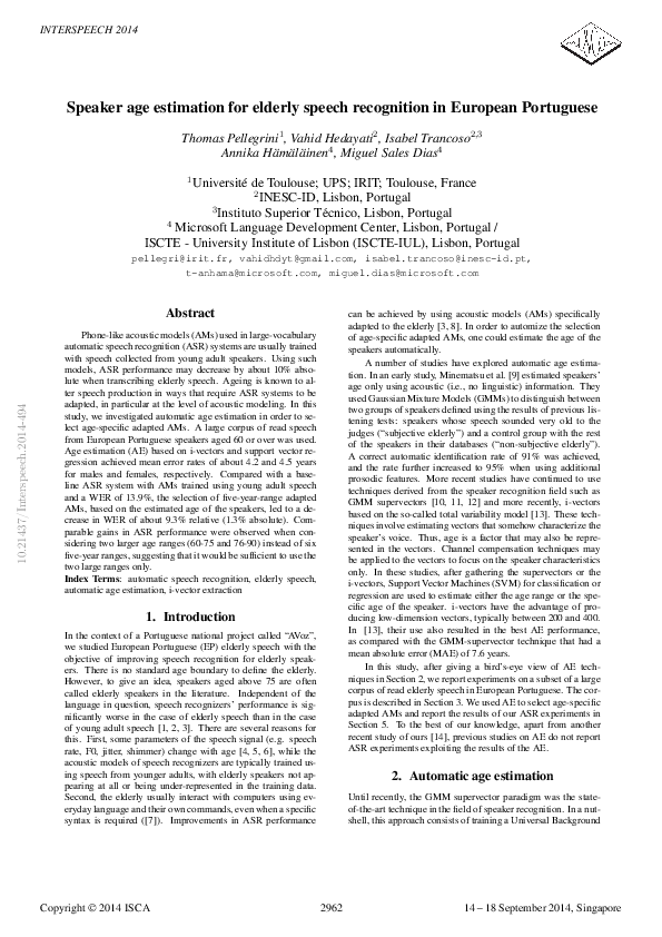 (PDF) Speaker age estimation for elderly speech recognition in European Portuguese