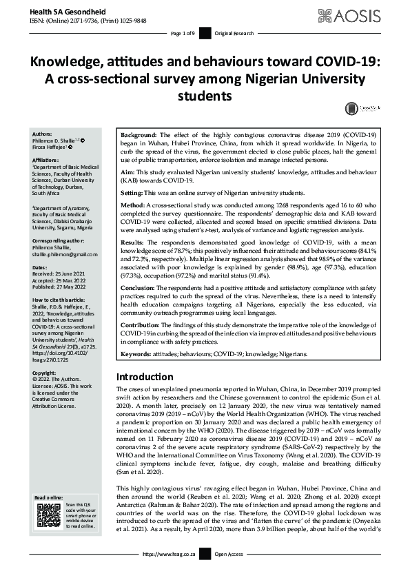(PDF) Knowledge, attitudes and behaviours toward COVID-19: A cross-sectional survey among ...