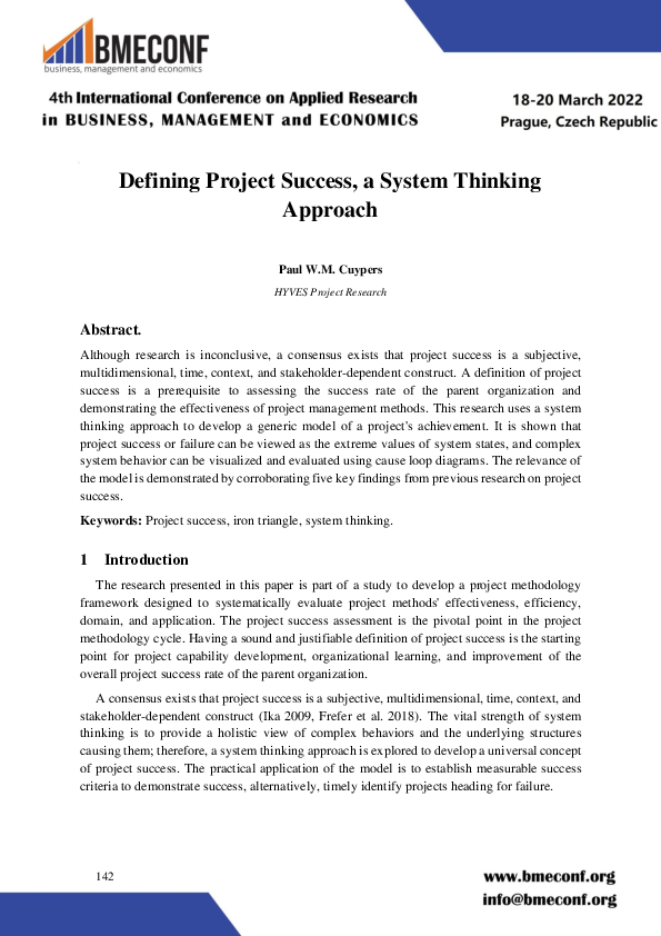 (PDF) Defining Project Success, a System Thinking Approach