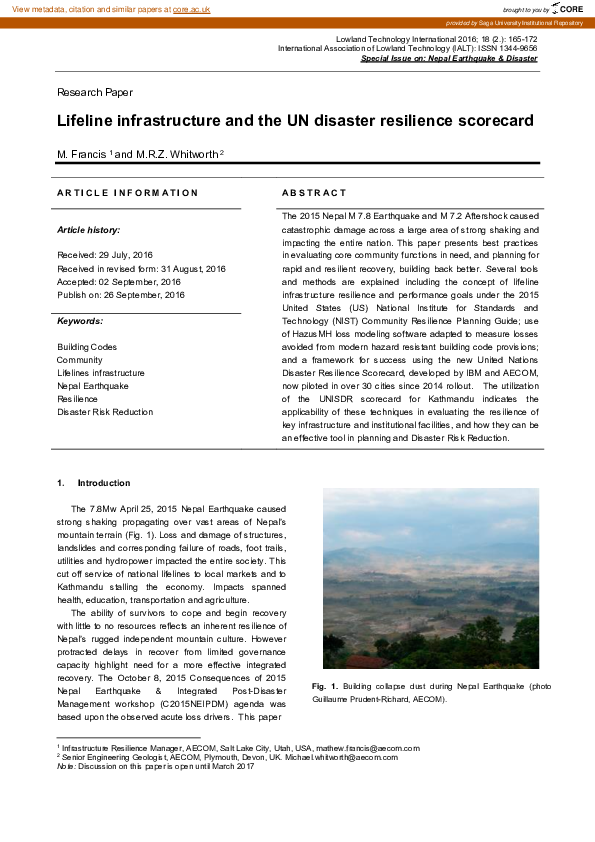 (PDF) Lifeline infrastructure and the UN disaster resilience scorecard
