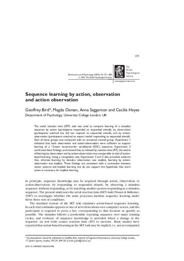 (PDF) Sequence learning by action, observation and action observation