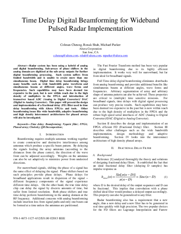 Pdf Time Delay Digital Beamforming For Wideband Pulsed Radar