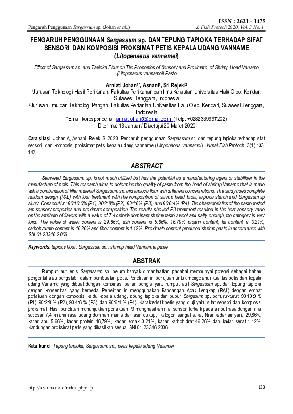 (PDF) PENGARUH PENGGUNAAN Sargassum sp. DAN TEPUNG TAPIOKA TERHADAP SIFAT SENSORI DAN KOMPOSISI ...