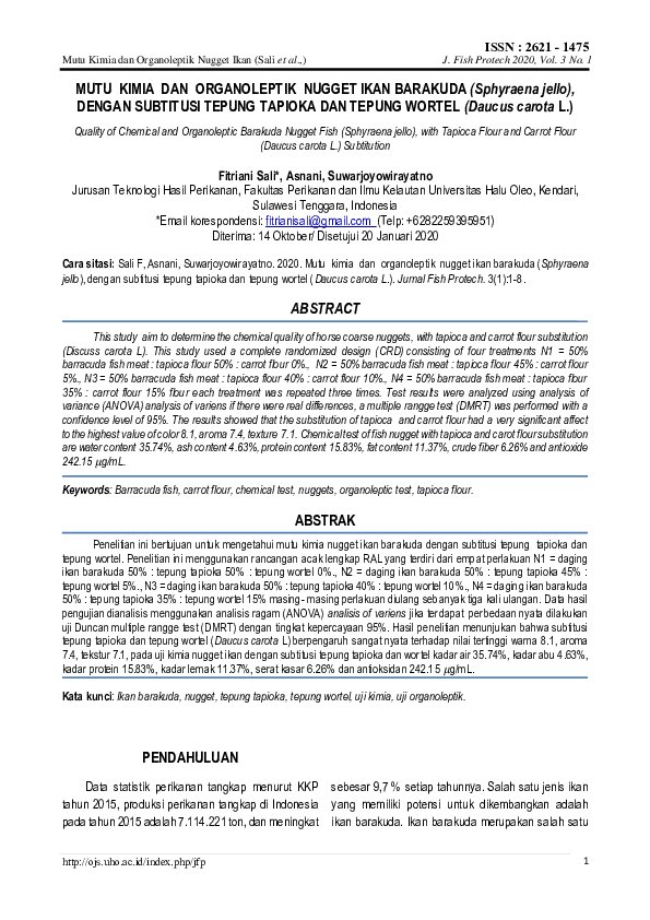 (PDF) MUTU KIMIA DAN ORGANOLEPTIK NUGGET IKAN BARAKUDA (Sphyraena jello), DENGAN SUBTITUSI ...