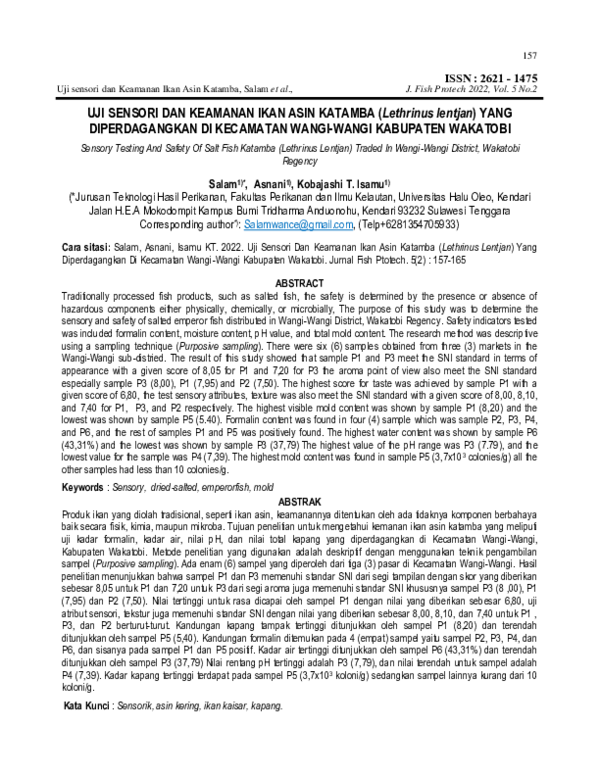 (PDF) UJI SENSORI DAN KEAMANAN IKAN ASIN KATAMBA (Lethrinus lentjan) YANG DIPERDAGANGKAN DI ...